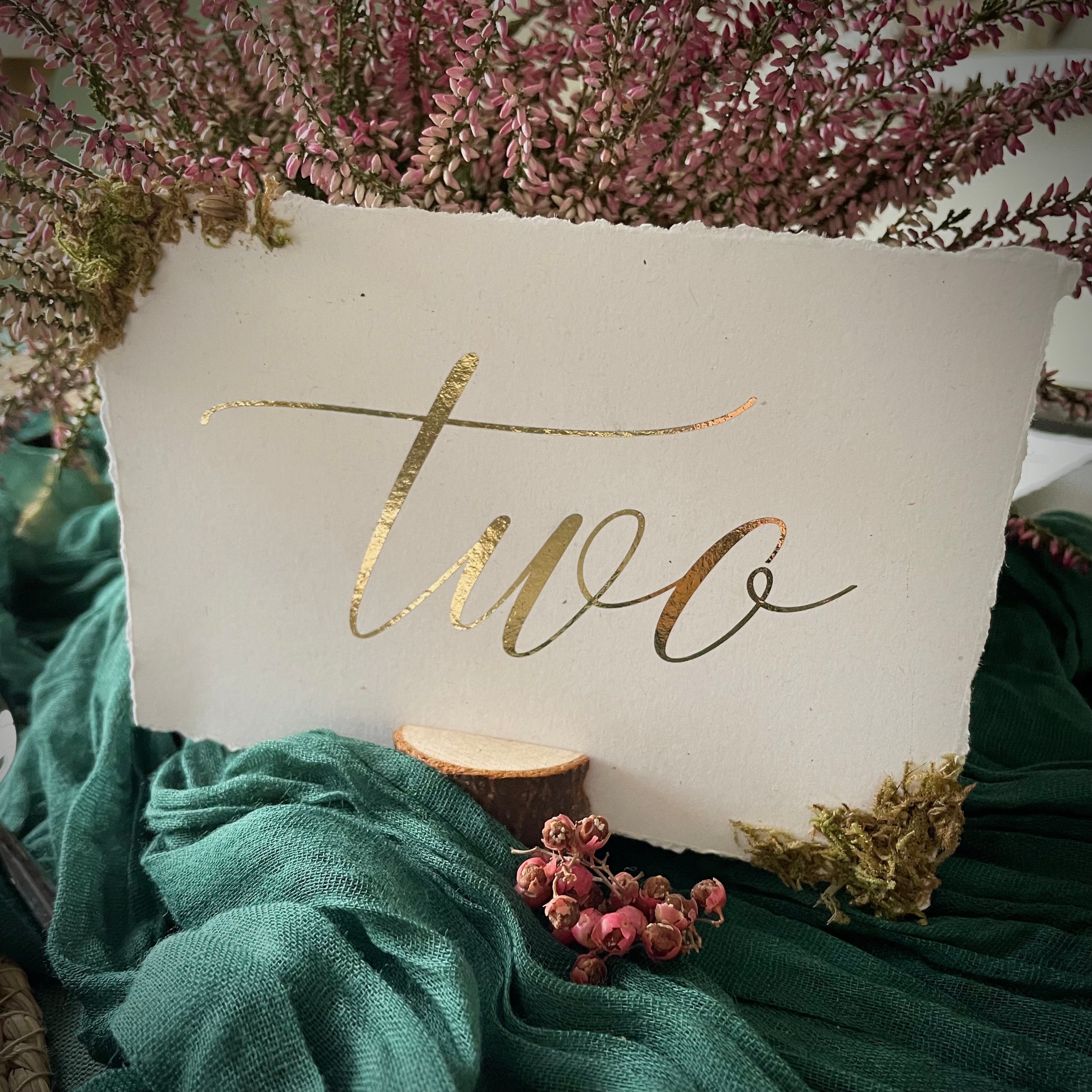 Woodland moss table numbers with gold foil and torn edges – Confetti ...