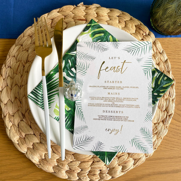 Tropical Fern Leaves Let's Feast Menu Card – Confetti Sweethearts ...
