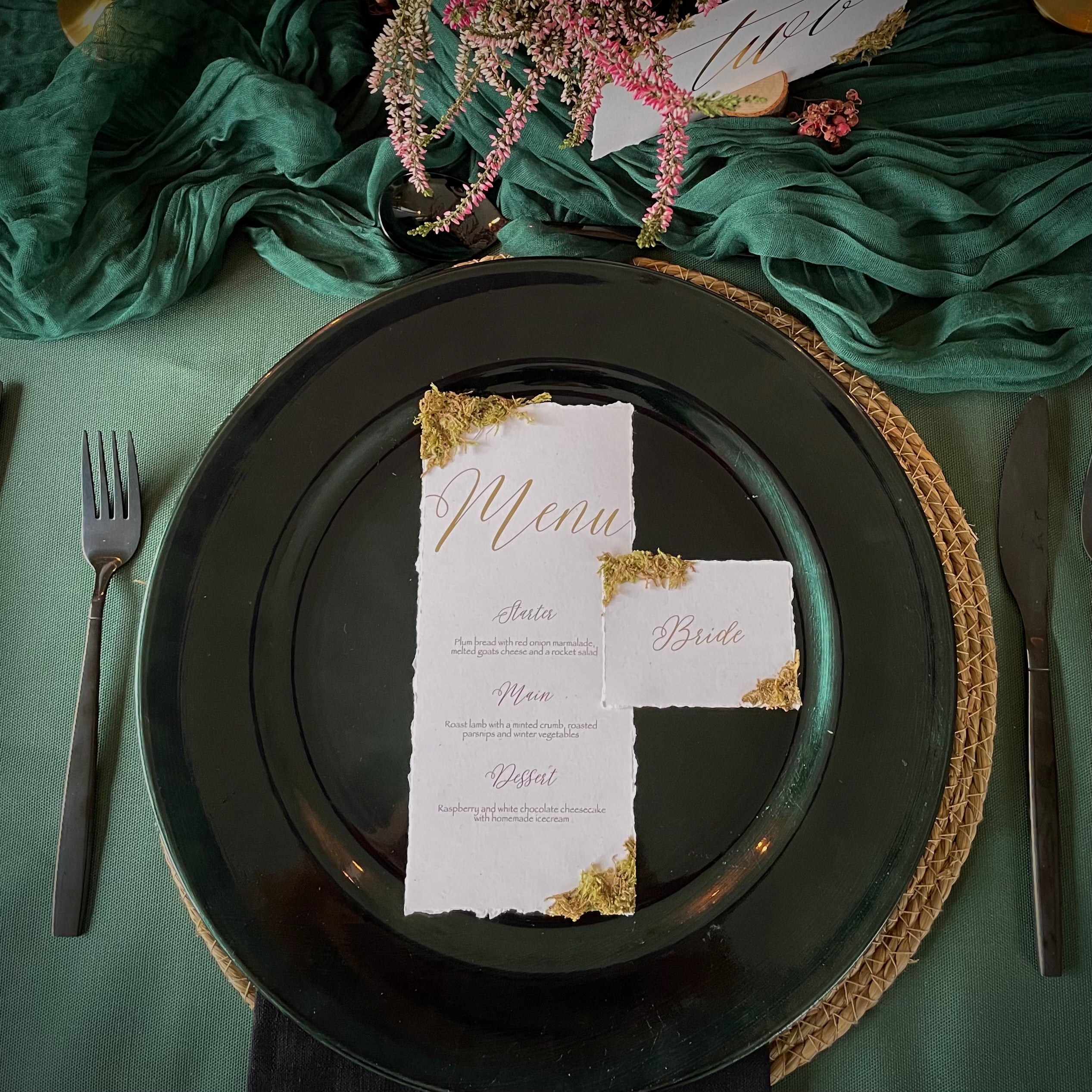Woodland moss dinner menu with gold foil and torn edges – Confetti ...